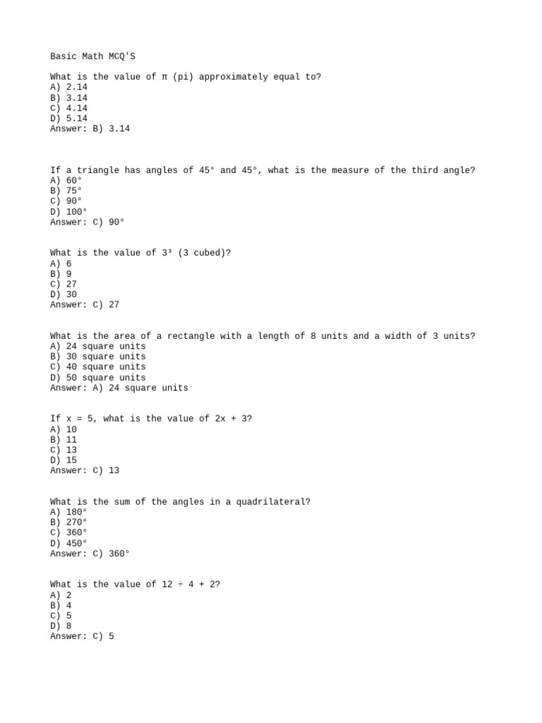 Basic Math MCQs with Answers | PDF