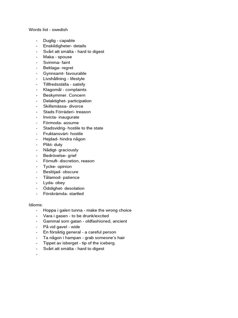 Words List - Swedish | PDF