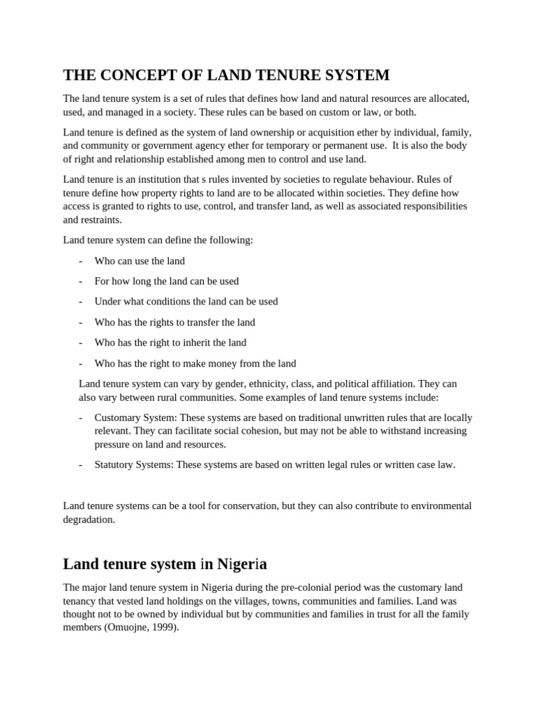 The Concept of Land Tenure System | PDF | Leasehold Estate | Agriculture