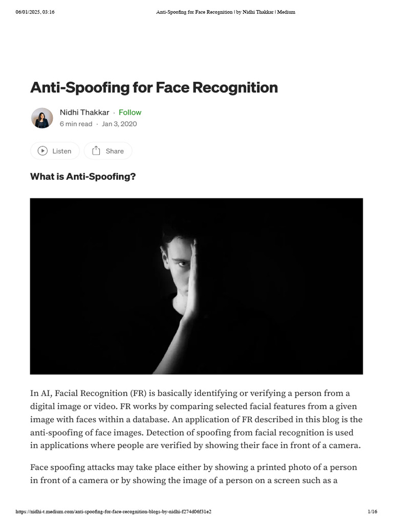 Anti-Spoofing For Face Recognition - by Nidhi Thakkar - Medium | PDF ...