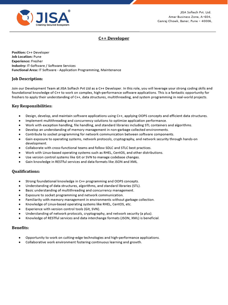 Man Power Requisition - JD - Fresher C++ Developer | PDF | C++ | Computer Programming