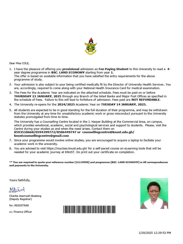 Provisional Admission Offer - KNUST | PDF