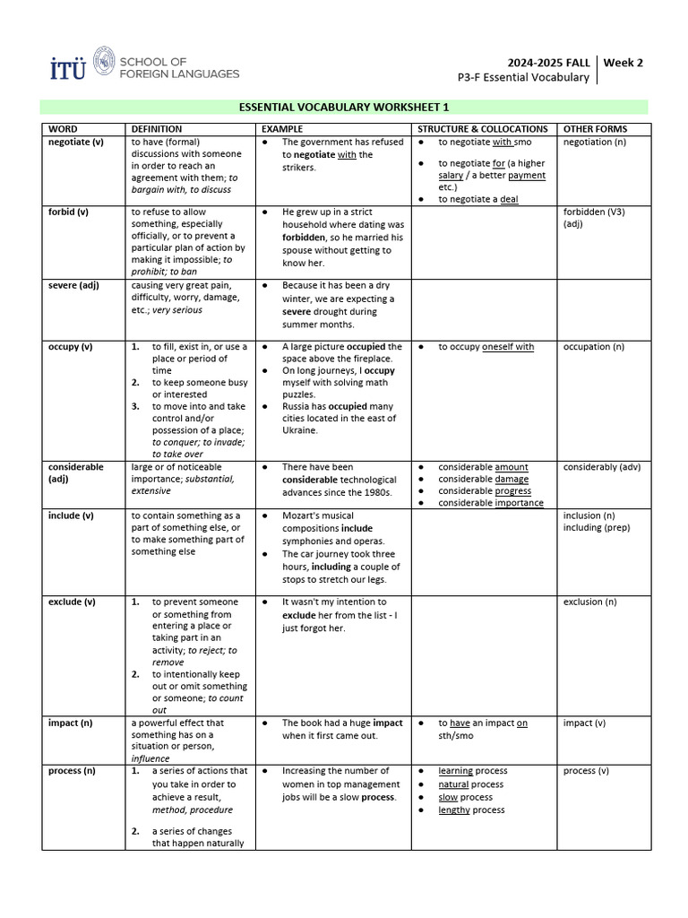 P3-F Essential Vocabulary Worksheet 1 | PDF