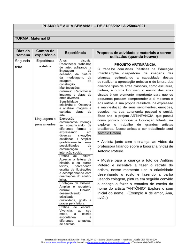 Plano de Aula Semanal - 21-06 A 25-06 | PDF | Imagem | Estética