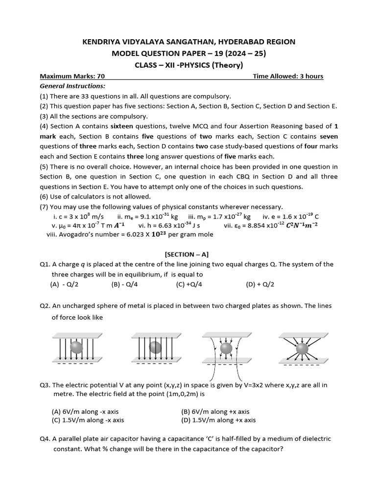 12-Phy-Model Ques paper-19-QP | PDF | Capacitor | Photoelectric Effect