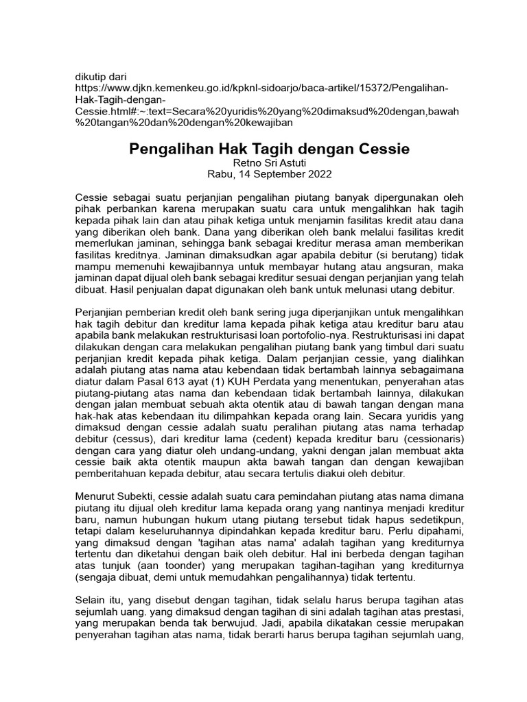 Pengalihan Hak Tagih Dengan Cessie | PDF