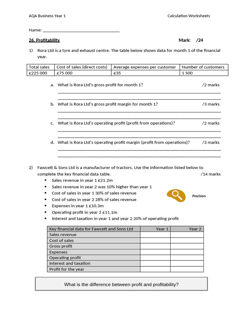 Year 1 Business Profitability Worksheets | PDF | Taxes | Financial ...