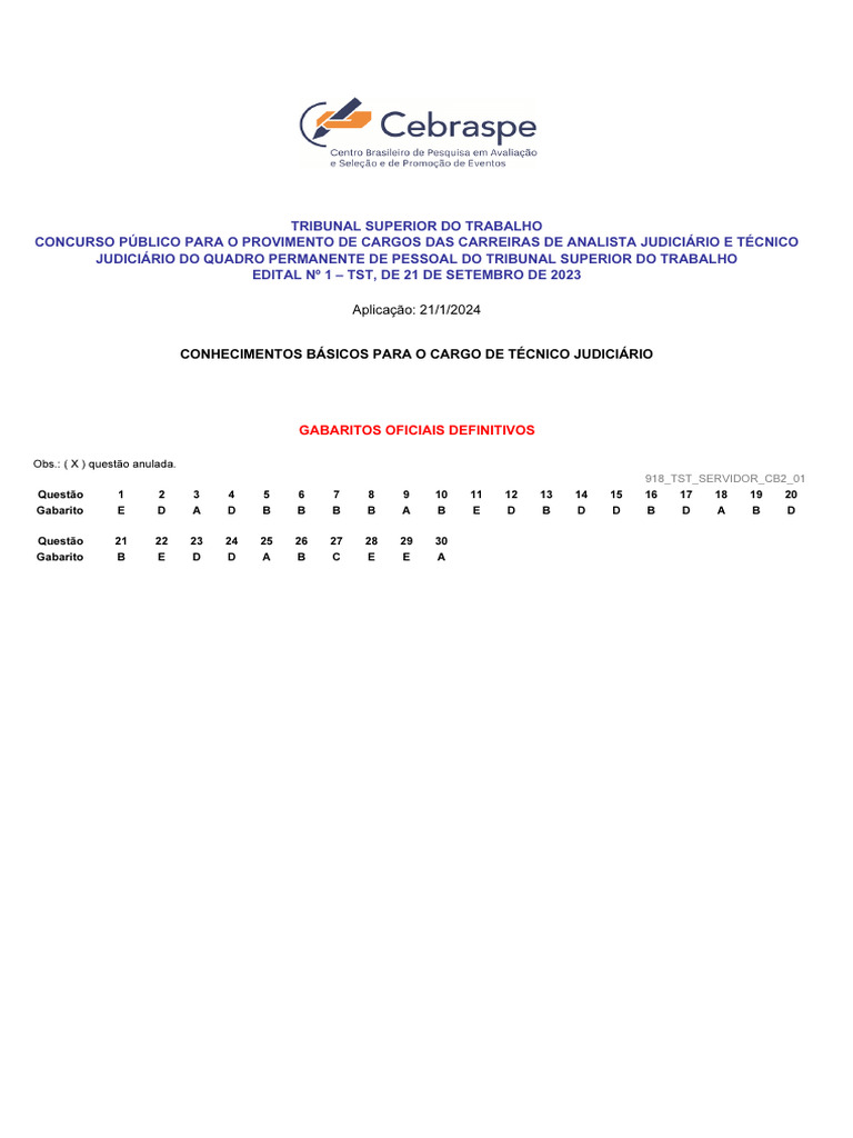 Cespe Cebraspe 2024 TST Tecnico Judiciario Area Apoio Especializado Especialidade Programacao ...