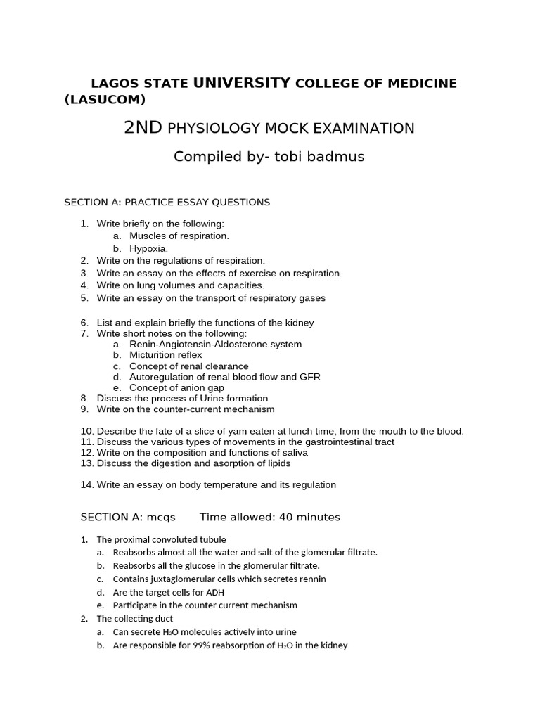 Physiology 2ND Mock Modified TOBI BADMUS | PDF | Esophagus | Stomach