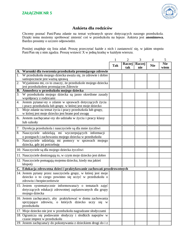 Zalącznik NR 5 Ankieta Dla Rodziców | PDF