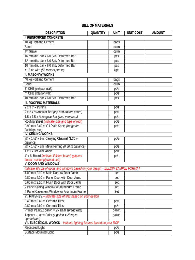 Construction Bill of Materials Template | PDF | Door | Wall