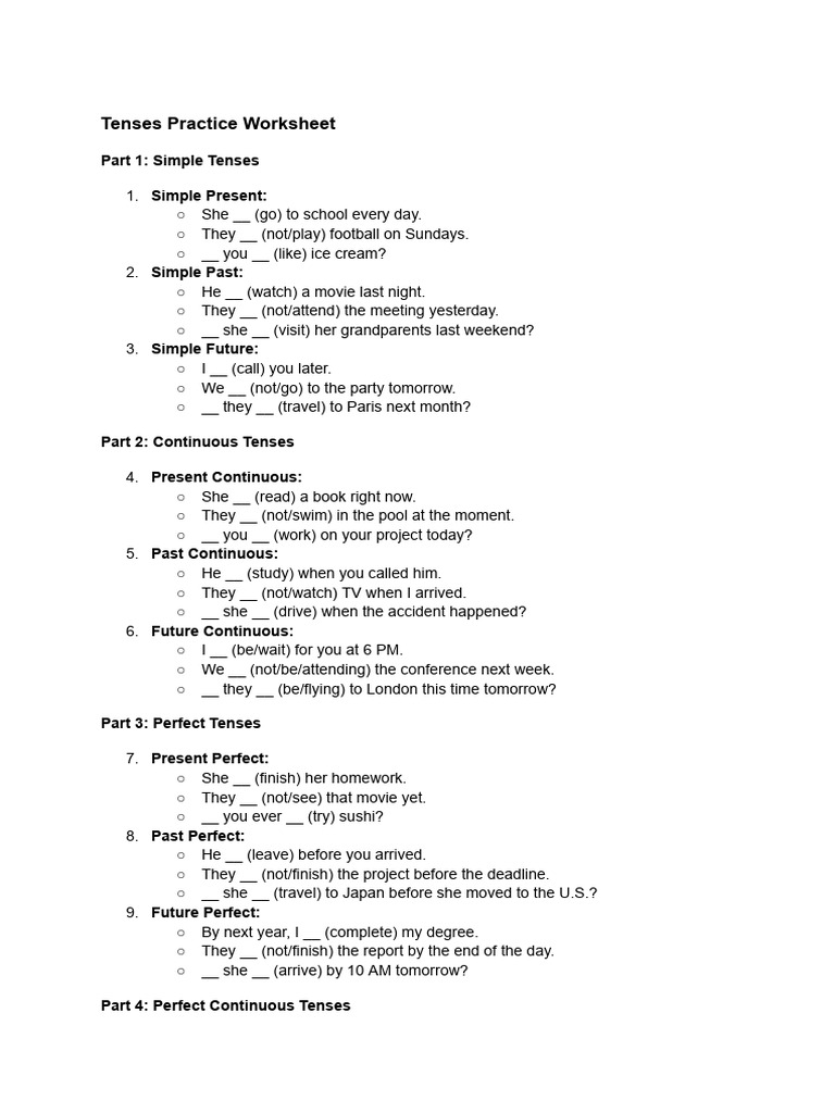 Tenses Practice Worksheet | PDF