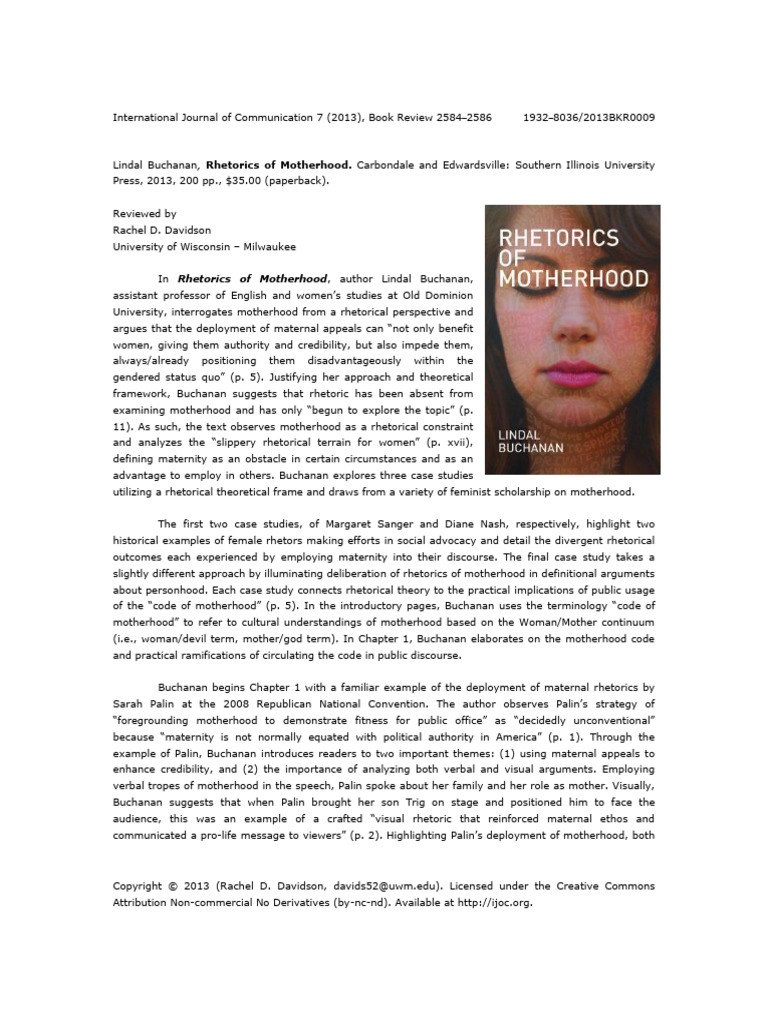 RACHEL DAVIDSON ON LINDAL BUCHANANs RHETORICS OF MOTHERHOOD 2013 ...
