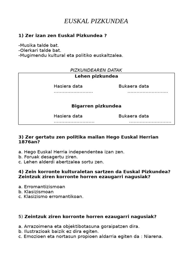 1. Euskal Pizkundea Quizz | PDF