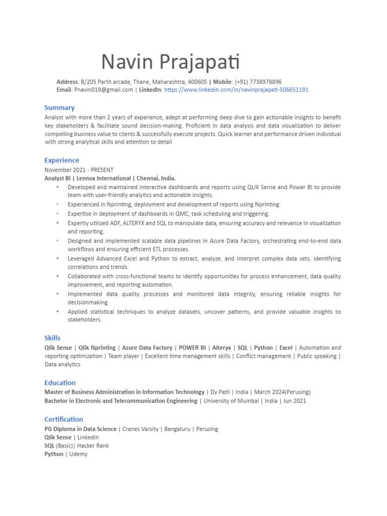 Data Analyst Resume - Navin Prajapati | PDF | Data | Data Analysis