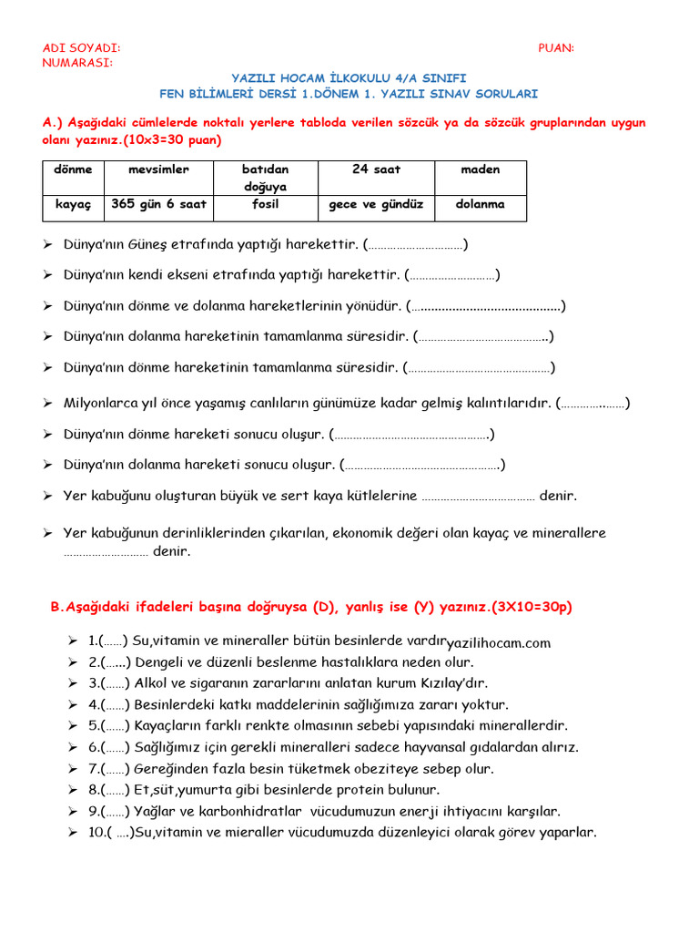 4.sinif Fen 1.dönem 1.yazili-1 | PDF