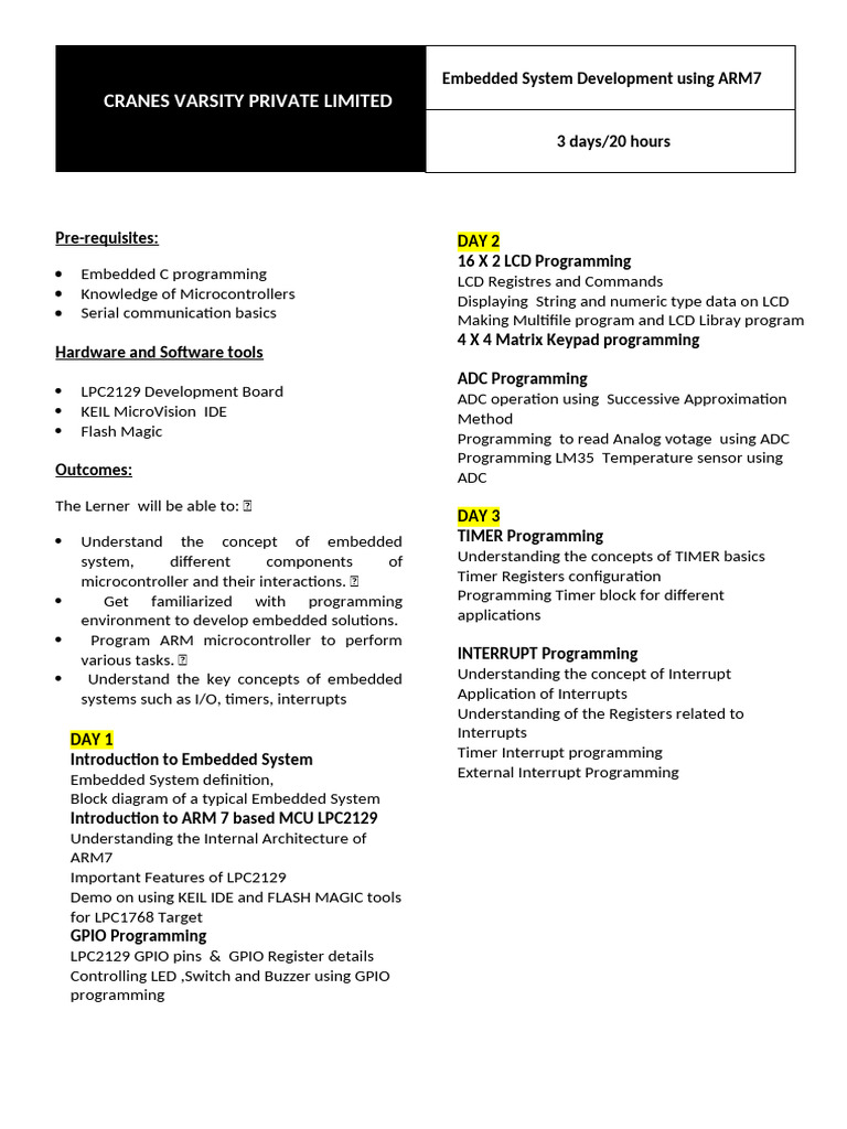 3 - Day 20 Hours College Workshop On Embedded System Development Using ARM7 | PDF ...