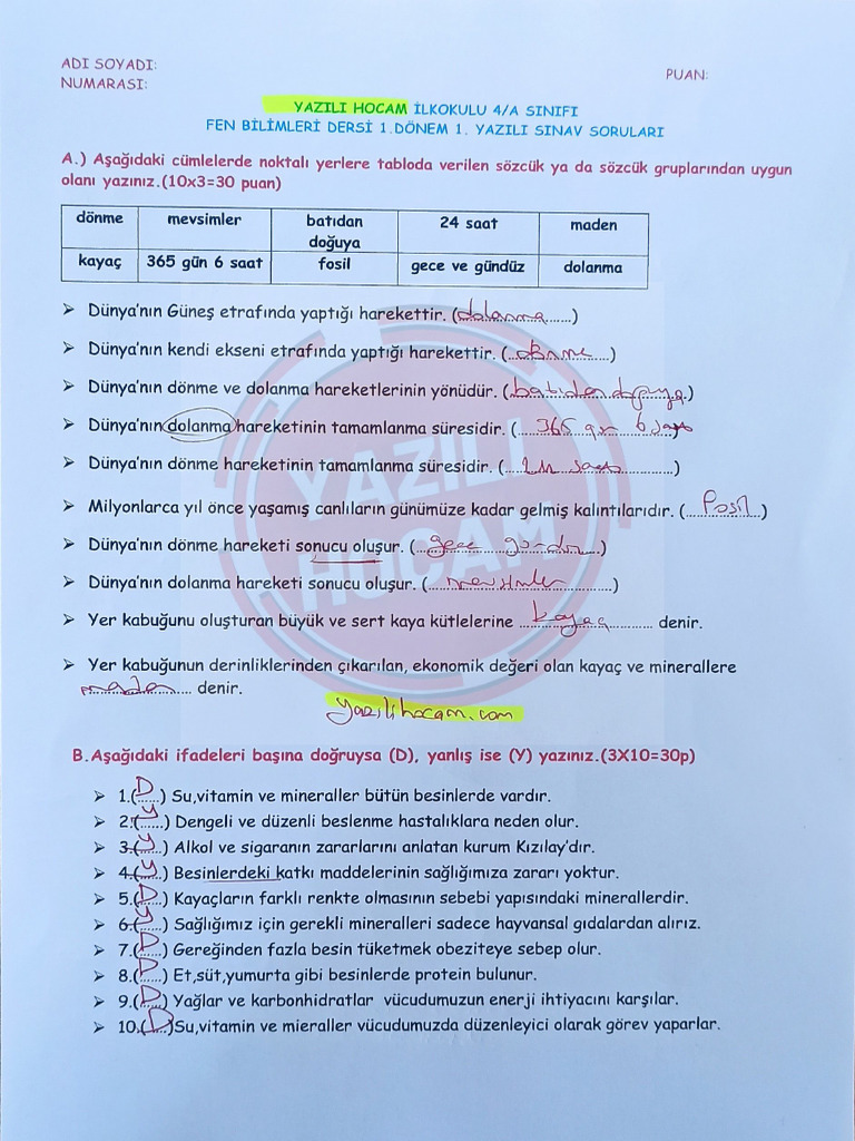 yazilihocam.com--------CEVAPLAR--------4.SINIF FEN 1.DÖNEM 1.YAZILI-1 | PDF