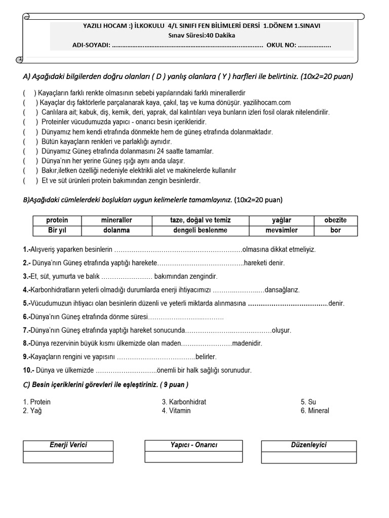 4.sinif Fen 1.dönem 1.yazili-2 | PDF