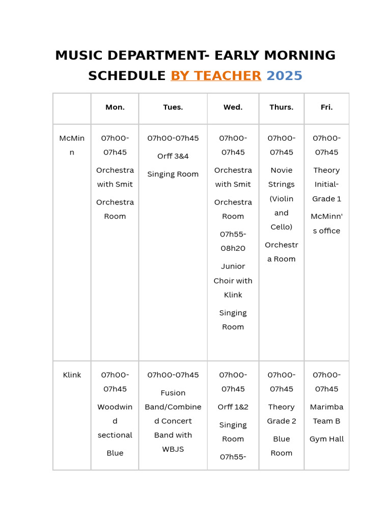 Music Department - Early Morning Schedule by Teacher 2025 D6 | PDF ...