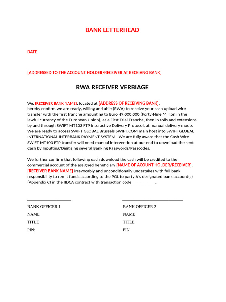 Rwa Receiver Verbiage MT 103 FTP | PDF