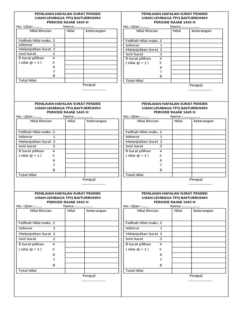 Penilaian Hafalan Surat Pendek | PDF