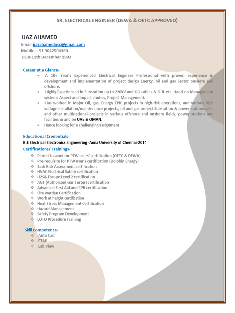 Sr.electrical Engineer | PDF | Power Engineering | Power (Physics)