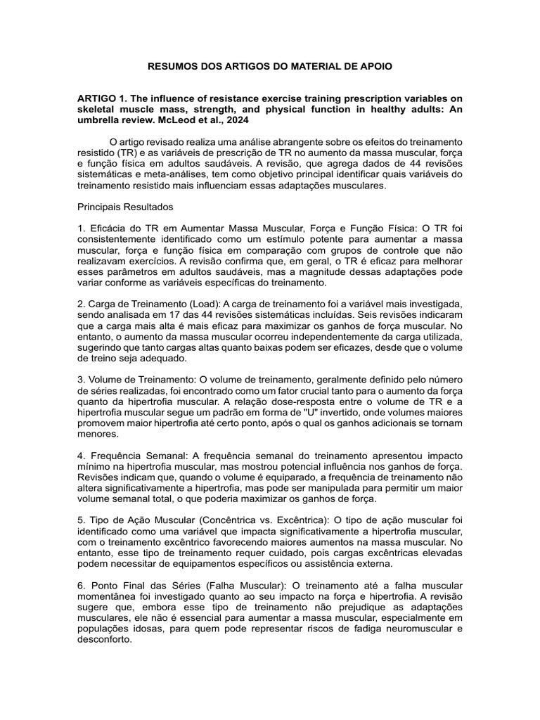 Resumos Dos Artigos Do Material de Apoio | PDF | Hipertrofia muscular | Corpo humano