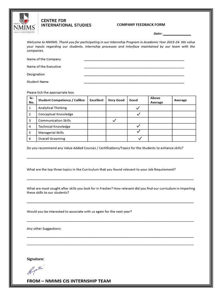 NMIMS Internship Feedback Form 2023-24 | PDF | Curriculum | Internship