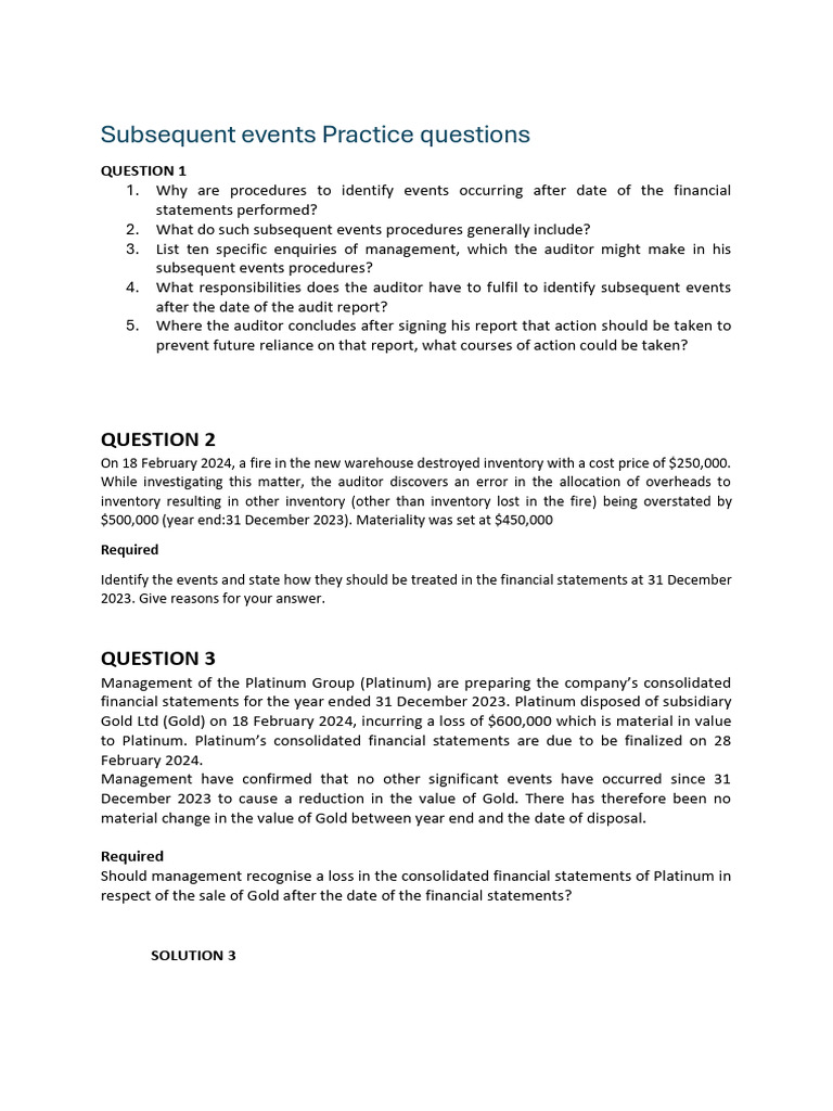 Subsequent Events Practice Questions For Class | PDF | Financial ...