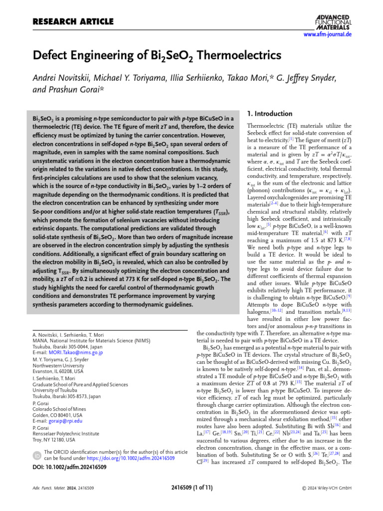 Defect Engineering of Bi2SeO2 Thermoelectrics | PDF | Doping ...