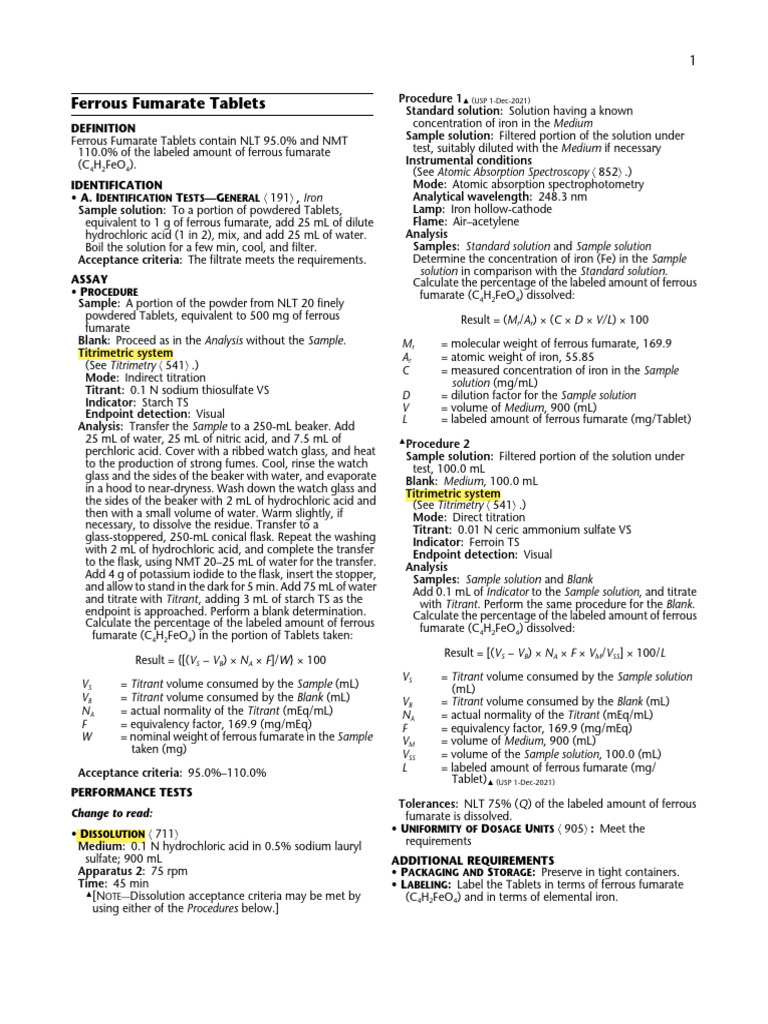 Ferrous Fumarate Tablet Specifications | PDF | Titration | Chemistry