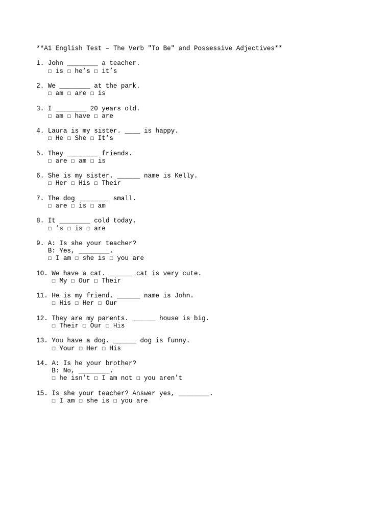 A1 Test: Verb "To Be" & Adjectives | PDF