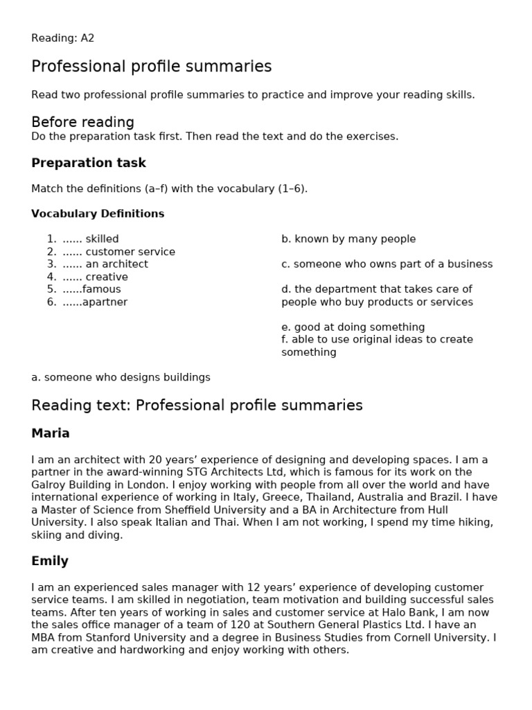 Reading Professional Profiles A2 | PDF | Human Communication