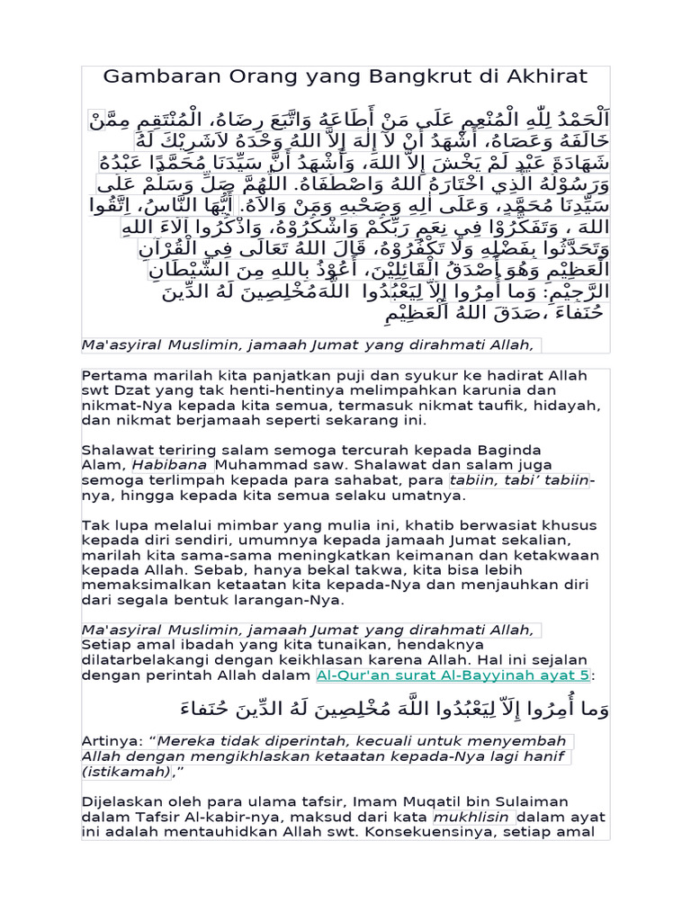 Bangkrut di Akhirat: Penyebab dan Bahaya | PDF