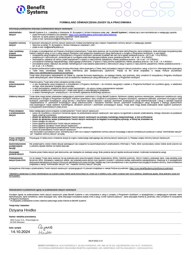 Formularz Zgody - Pracownik | PDF