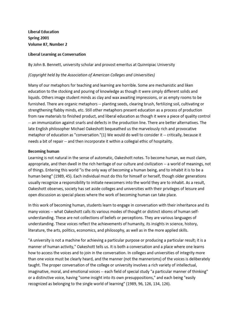 John B. Bennett, Liberal Learning As Conversation | PDF | Science ...