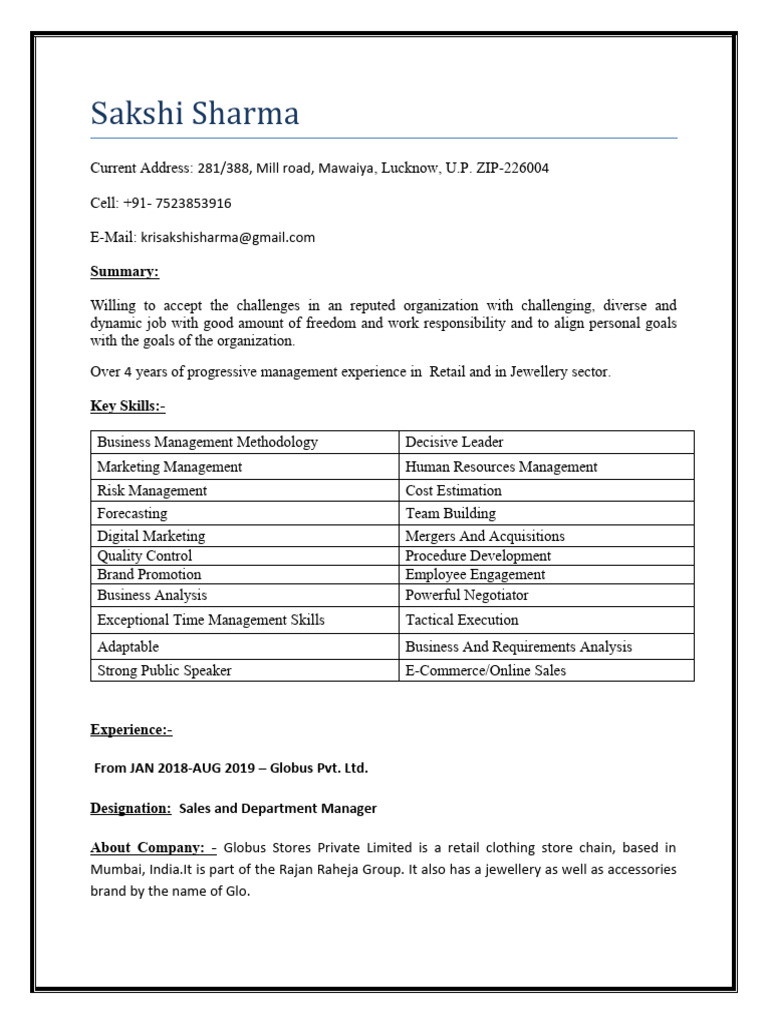 Sakshi Sharma Resume | PDF | Retail | Business