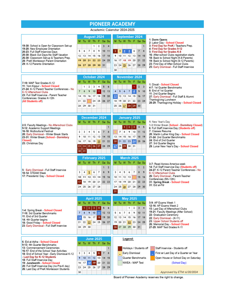Pioneer Academy Calendar 2024-25 | PDF | Festival | Holidays