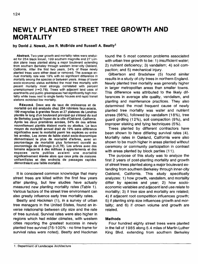 Mcbride, Beatty - 1985 - Newly Planted Street Tree Growth and Mortality ...