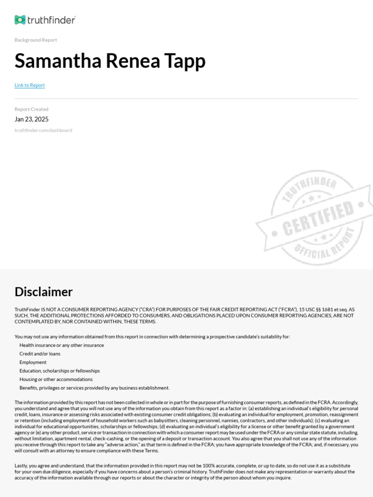 Samantha Tapp Background Report | PDF | Credit Bureau | Mortgages