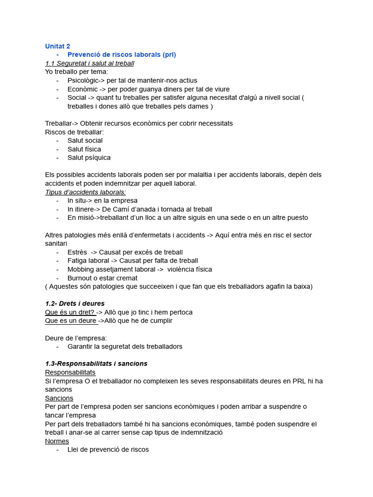 Unitat 1: Prevenció de Riscos Laborals | PDF