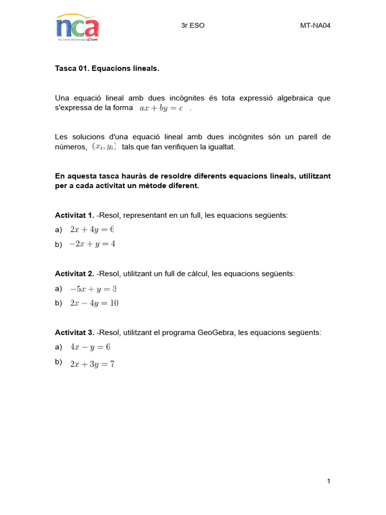 CTC - ESO3.NA04.MT - Tarea01. Ecuaciones Lineales | PDF