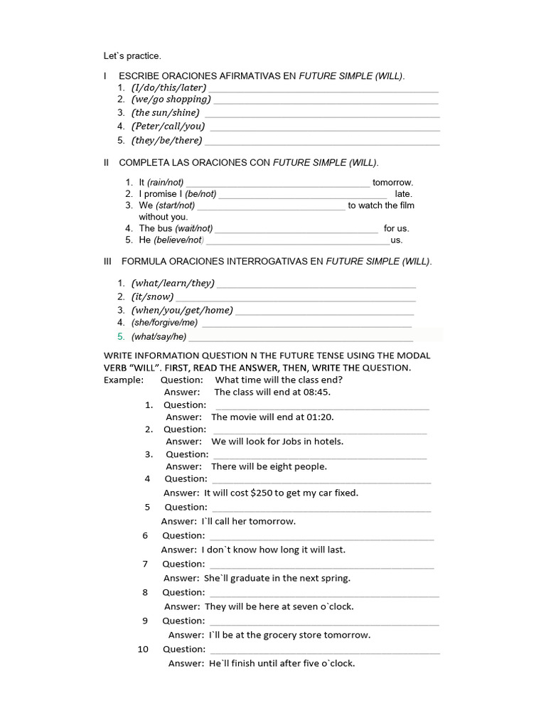 Future Simple Tense Practice Exercises | PDF | Grammar