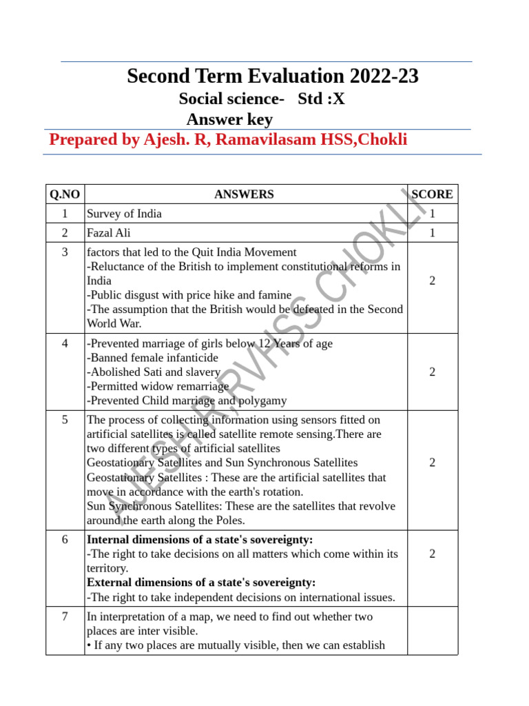 SSLC Second Term Exam 2022 Dec SS Answer Key by Ajeesh Sir - EM | PDF ...