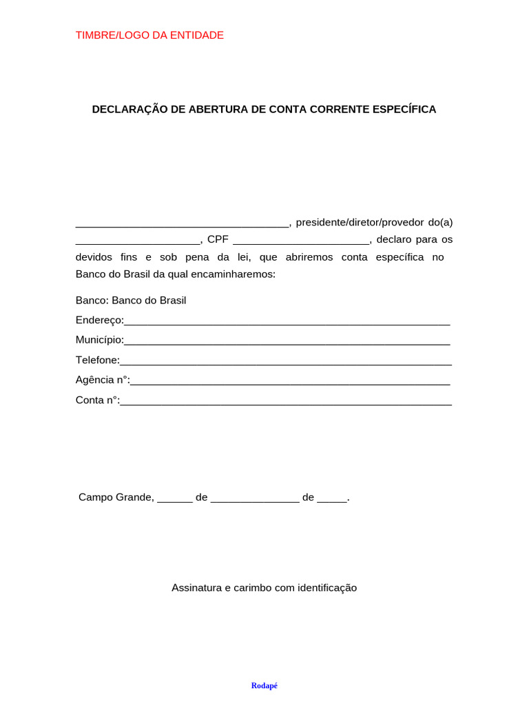 15 Declaração de Abertura de Conta Corrente Específica Modelo Xi | PDF