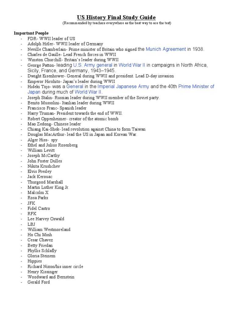 US History Final Study Guide | PDF | World War II | Cold War