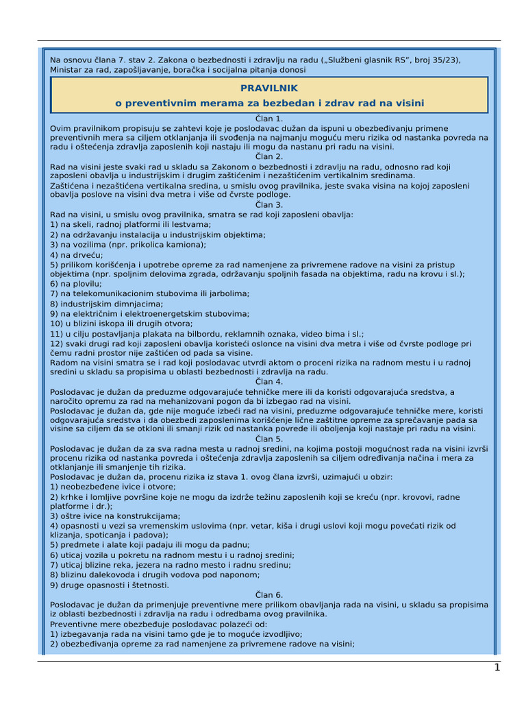 Pravilnik o Preventivnim Merama Za Bezbedan I Zdrav Rad Na Visini SL ...