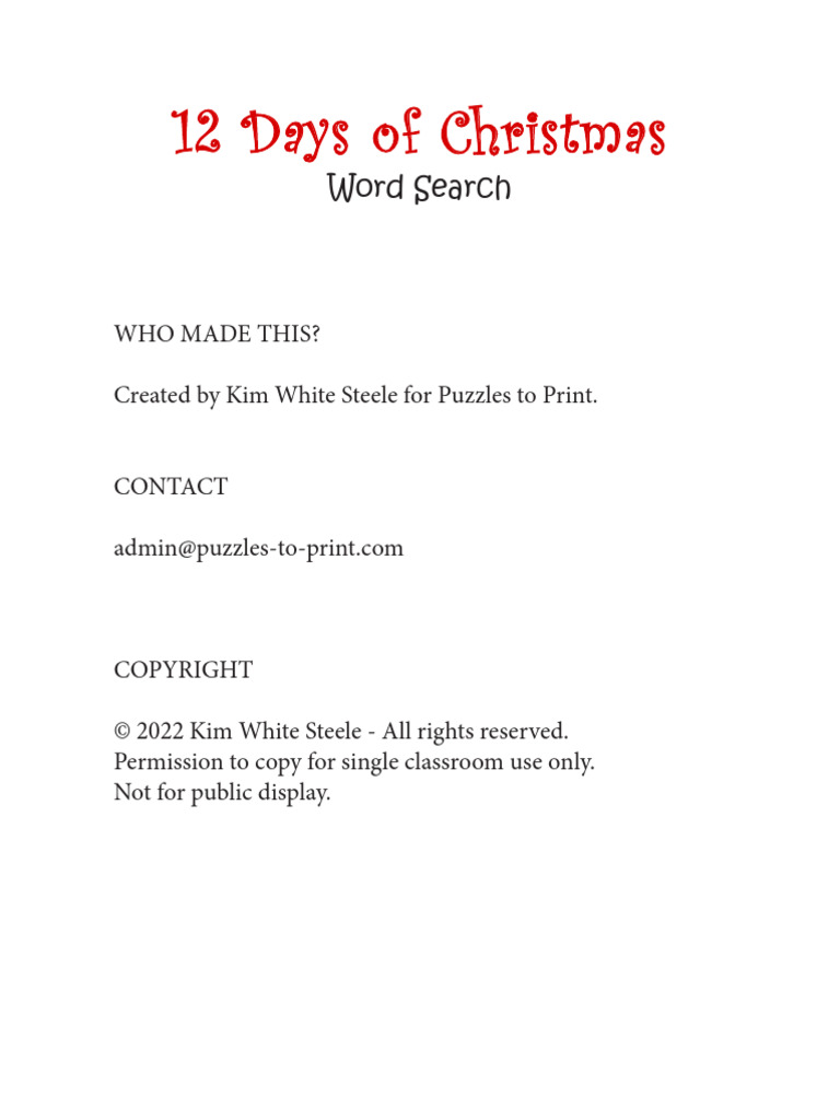 Twelve Days of Christmas Word Search | PDF | Word Search | Word Puzzles