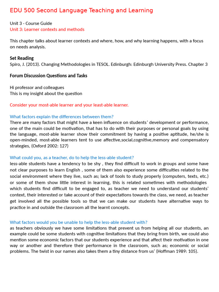 Learner Contexts in Second Language Teaching | PDF | Learning | Teachers